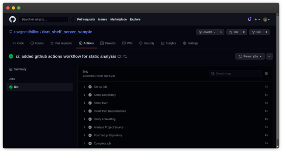 Setup GitHub Actions for a Dart project